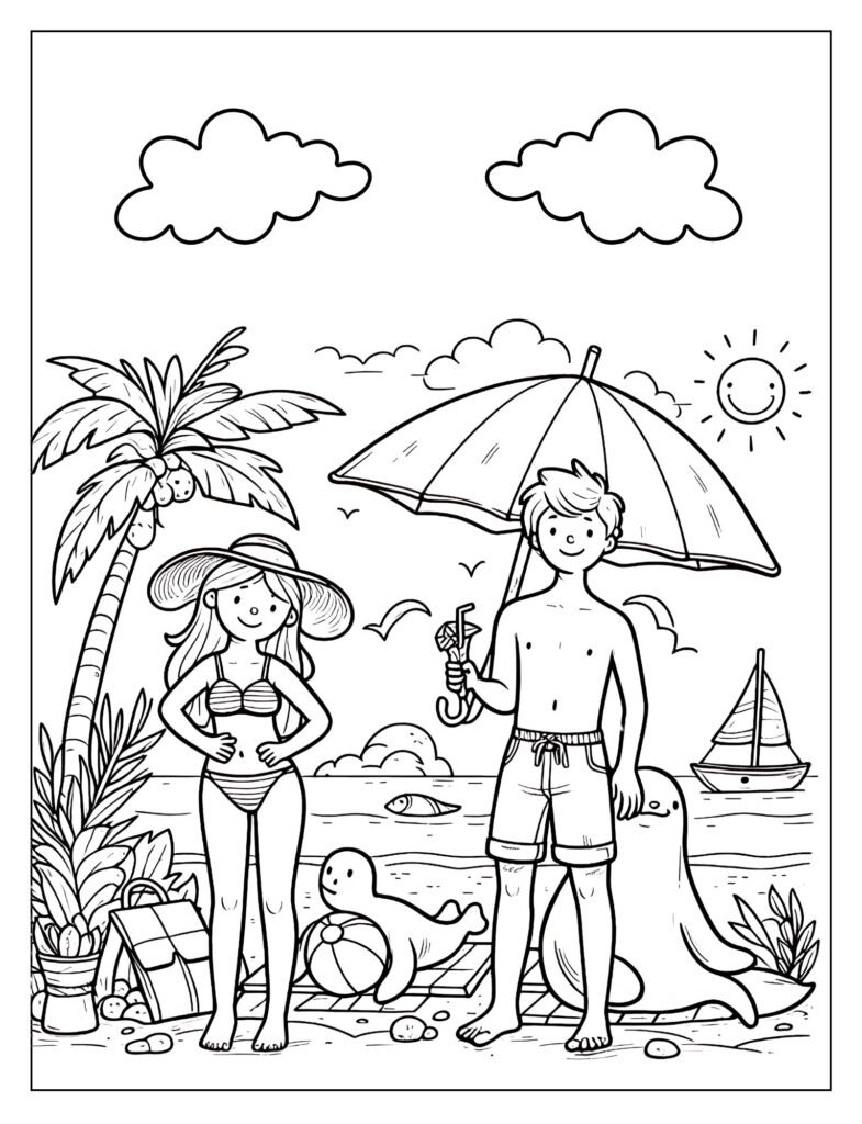A Perfect Day at the Beach Coloring Page | Printable Summer Activity ...